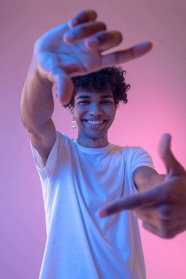 Dark-skinned Guy Making Pictures with Imaginary Camera Stock Image ...