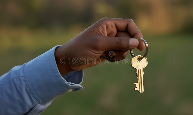 Dark-skinned Hand Holding a Single Golden Key on a Keyring Stock ...