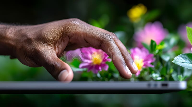 Dark Skinned Hand Interacting with Tablet in Garden Setting Stock ...