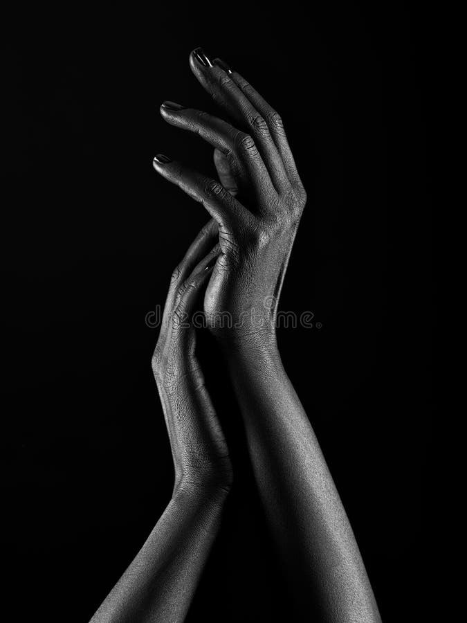 Dark-skinned Hands Over Black Background. Beautiful Hands. Stock Photo ...