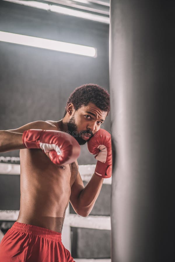 African American Kickboxer Having a Workout in a Gym and Looking ...