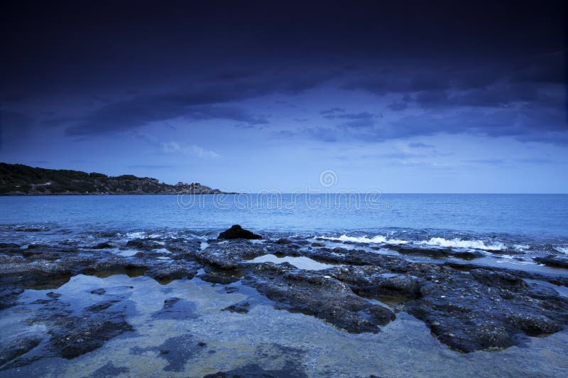 Beautiful Midnight Ocean View With Moonrise And Ca Stock Image - Image ...