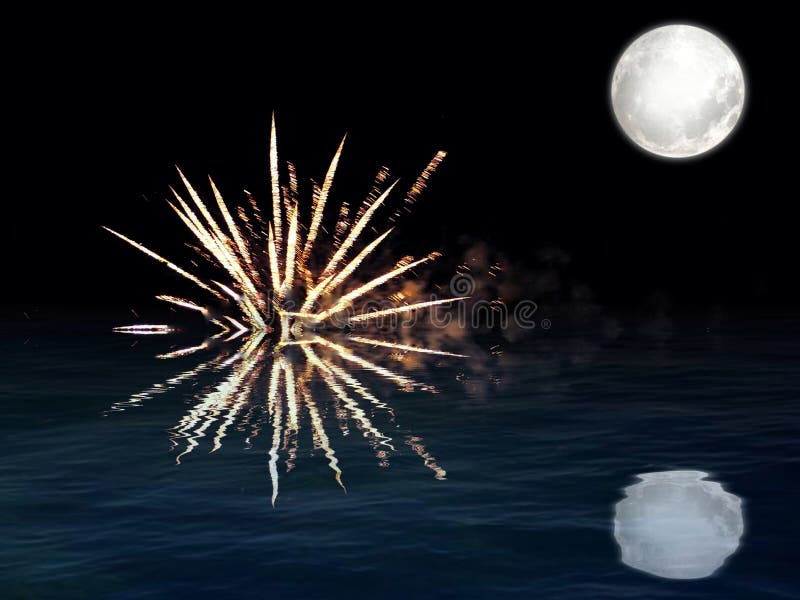 Dark Sky with Full Moon and Fireworks in Sea Reflection Stock Photo ...