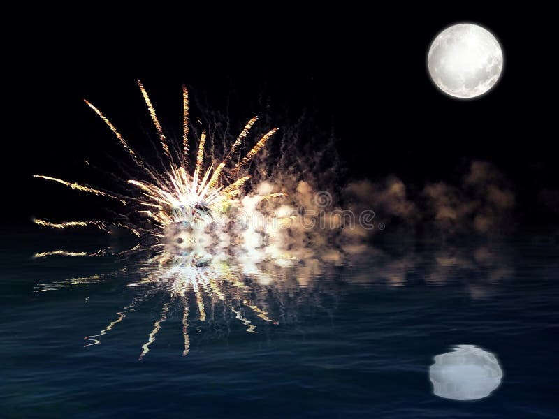 Dark Sky with Full Moon and Fireworks in Sea Reflection Stock Photo ...