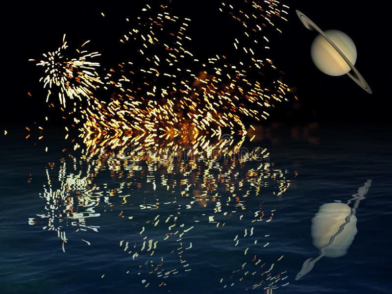 Dark Sky with Full Moon and Fireworks in Sea Reflection Stock Photo ...