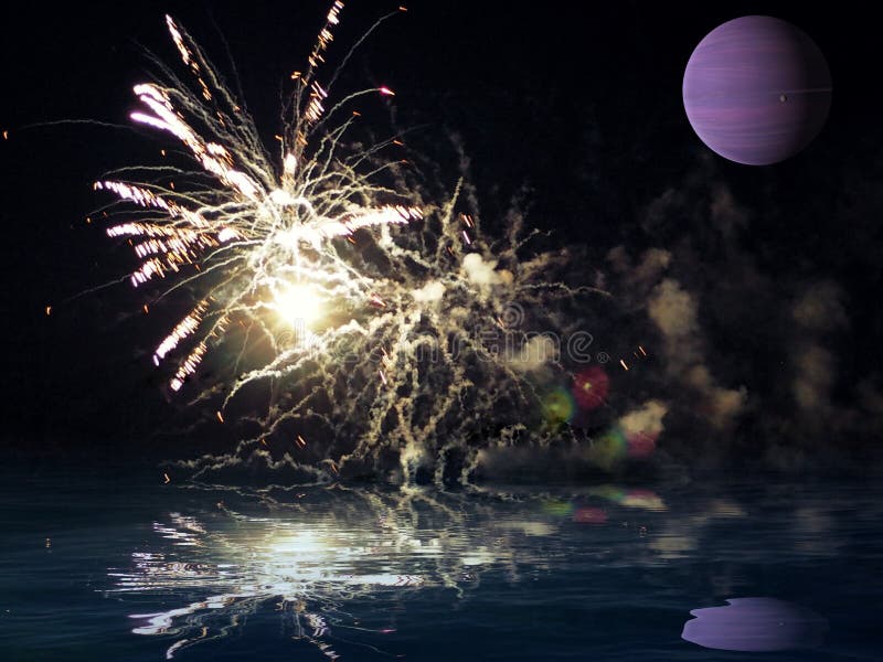 Dark Sky with Full Moon and Fireworks in Sea Reflection Stock Photo ...