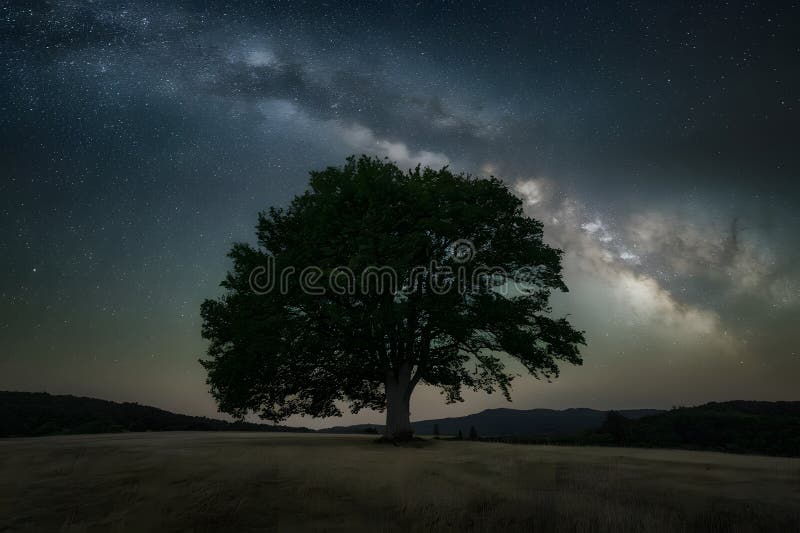 Dark Sky with the Milky Way Over the Tree Stock Illustration ...