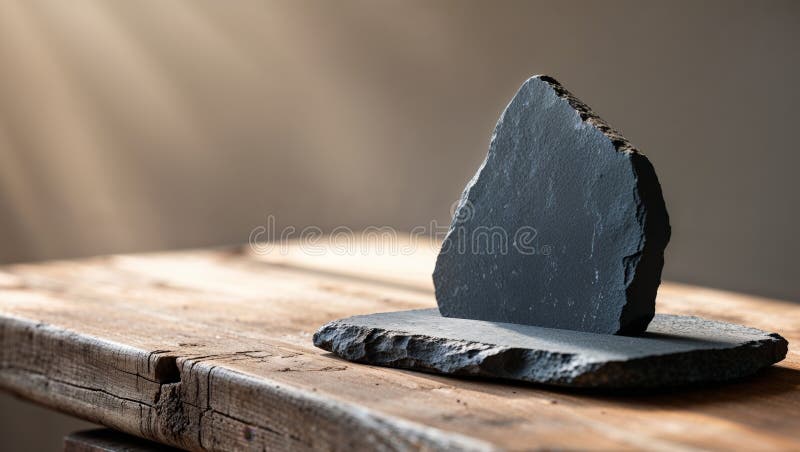 Dark Slate Stone on Wooden Surface in Natural Light Setting Stock Photo ...