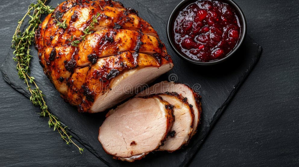 Dark Slate Surface Featuring Glazed Ham and Cranberry Sauce Stock Photo ...