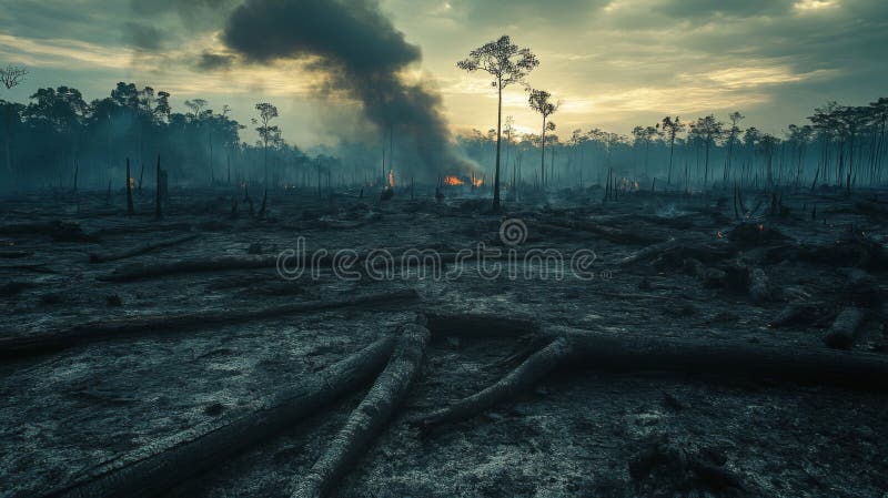 Dark Smoky Amazon Rainforest Fire at Dusk Stock Illustration ...