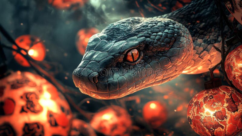 Dark Snake among Glowing Red Orbs Stock Illustration - Illustration of ...