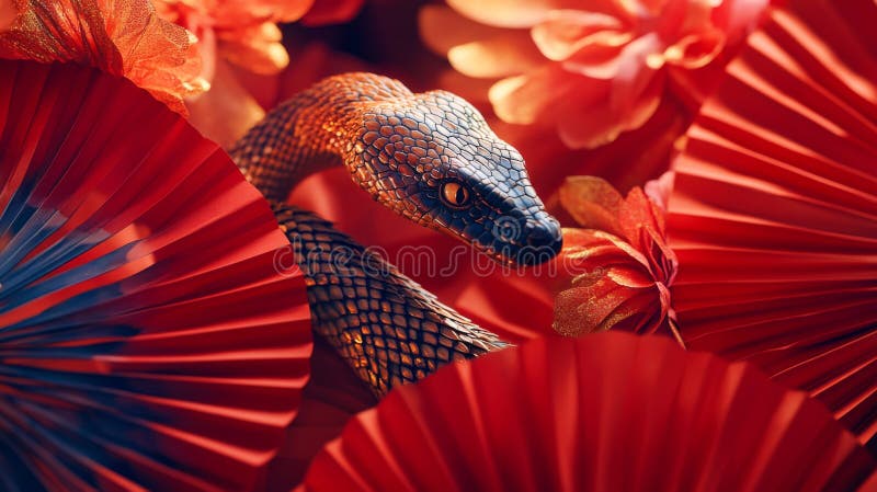 Dark Snake among Red Paper Fans and Flowers Stock Illustration ...