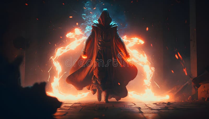 Dark Sorcerer with Fire Magic Stock Illustration - Illustration of ...