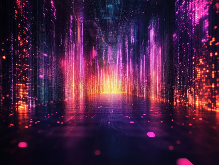 Dark Space with Floating Neon Pixels Stock Illustration - Illustration ...
