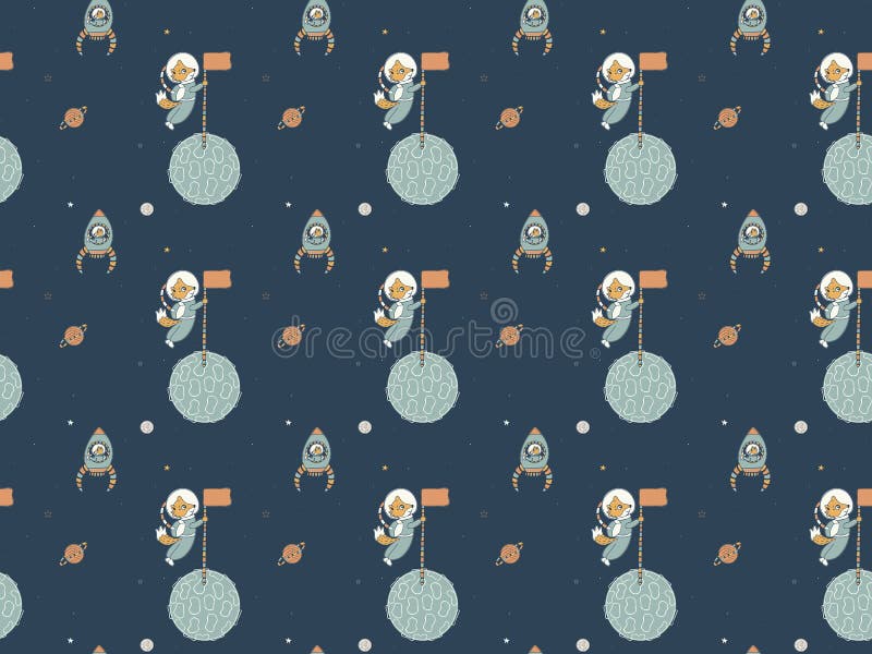 Dark Space Seamless Pattern of Foxes Astronauts in Spacesuits Setting ...
