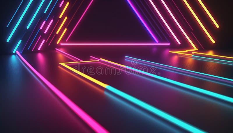 The Dark Space is Triangularly Lit with Neon Lines of Different Colors ...