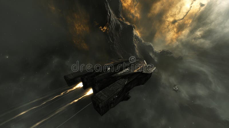 Dark Spaceship Flying through Space Near a Massive Asteroid with ...