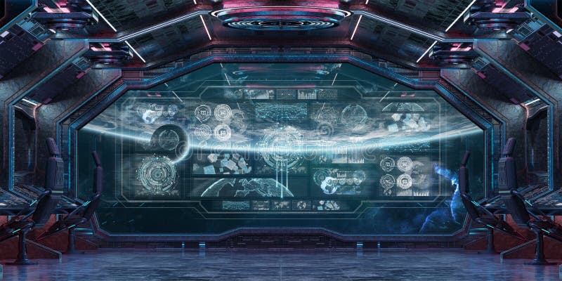 Dark Spaceship Interior with Control Panel Digital Screens 3D Rendering ...