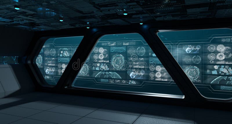 Dark Spaceship Interior with Control Panel Digital Screens 3D Rendering ...