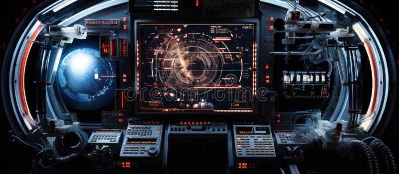 Dark Spaceship Interior with Glowing HUD Interface Stock Illustration ...