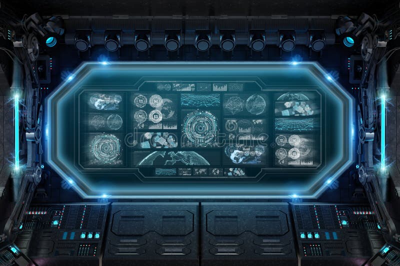 Dark Spaceship Interior with Control Panel Digital Screens 3D Rendering ...