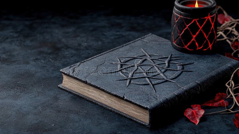 A Dark Spellbook with Intricate Designs Accompanied by a Candle and ...