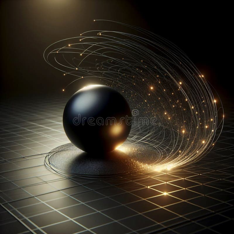 A Dark Sphere Sits on a Gridded Surface Surrounded by Swirling, Golden ...