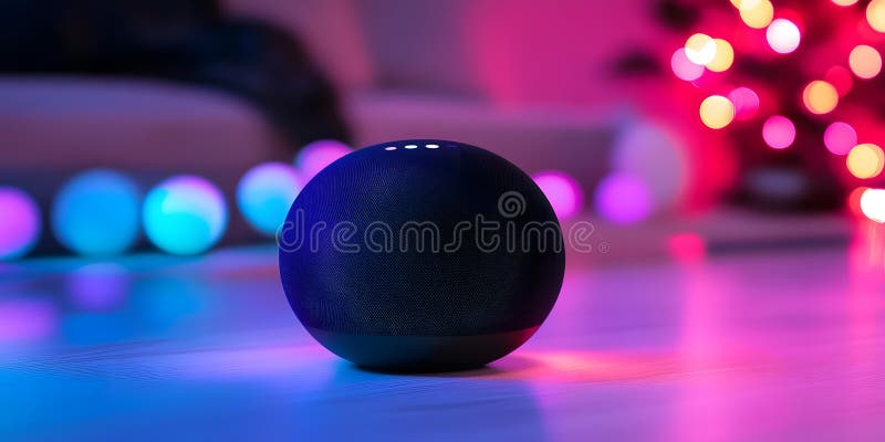 Dark Spherical Object on Reflective Surface with Colorful Lights Stock ...