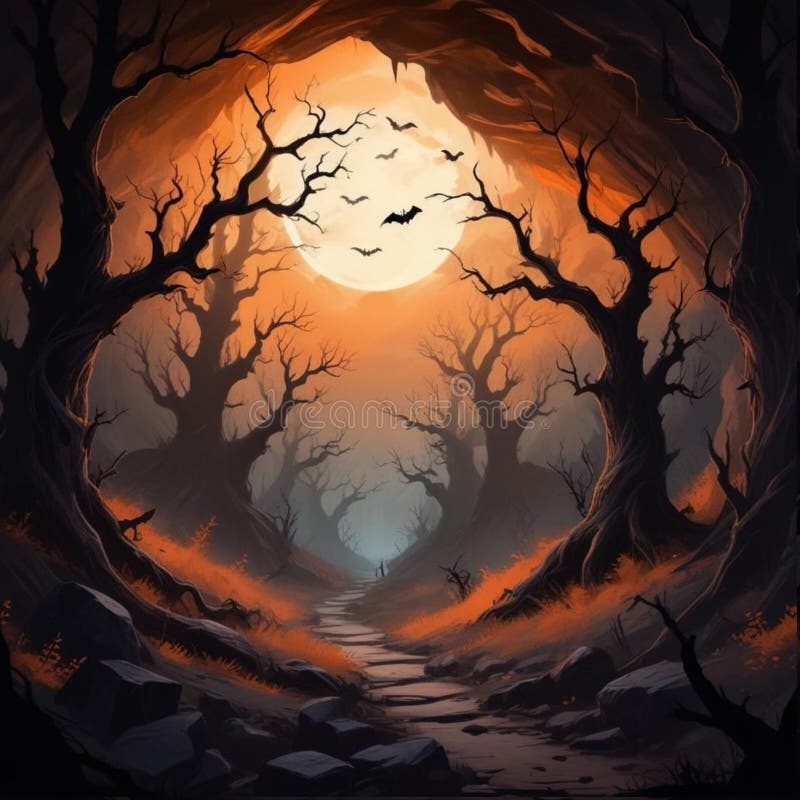 A Dark Spooky Forest with Twisted, Bare Trees and a Glowing Orange Sky ...