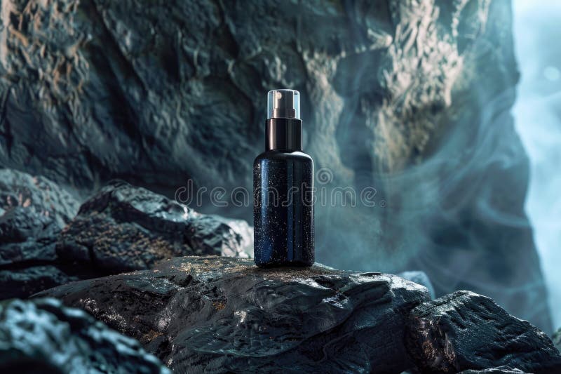 Dark Spray Bottle on Rugged Rocks with Mystical Smoke and Lighting in a ...