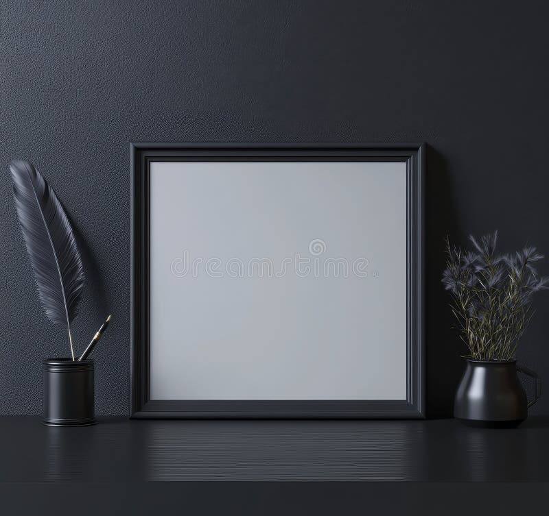 Dark Square Frame Mockup with Feather and Plant Stock Illustration ...