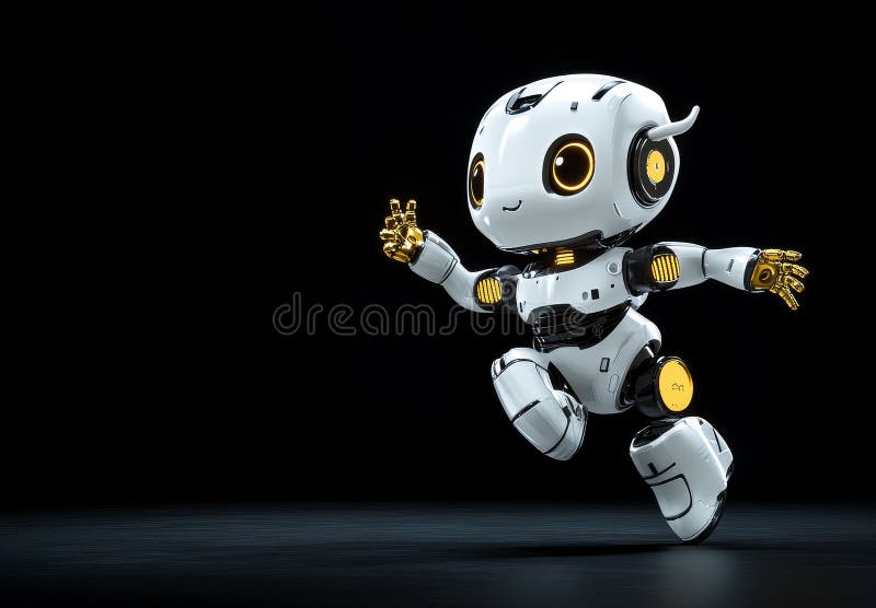 A Dark Stage Features a White and Gold Robot that is Performing a Dance ...