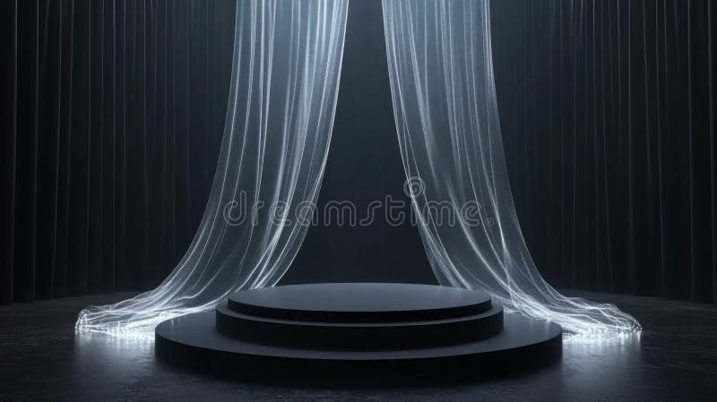 Dark Stage with Glowing Abstract Curtain and Circular Platform Stock ...