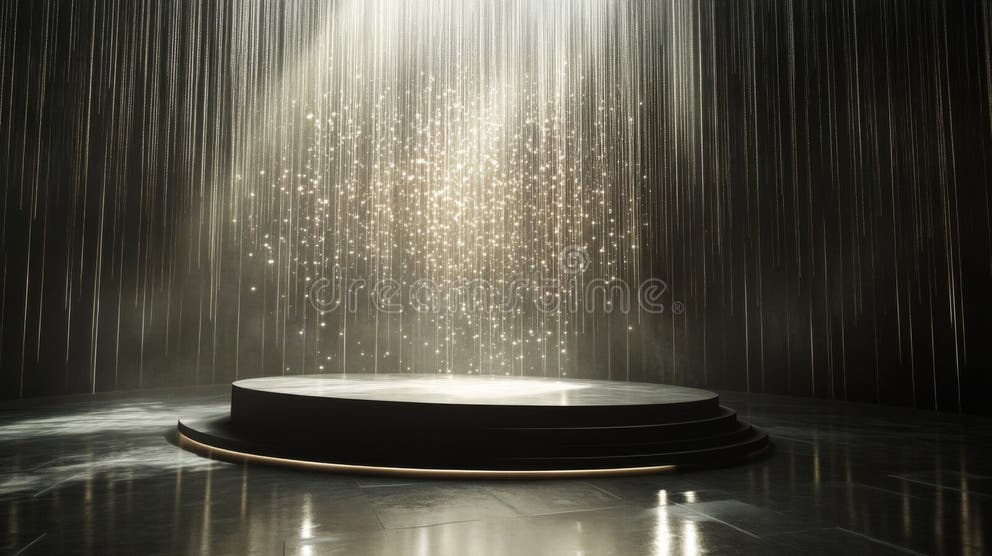 Dark Stage with Golden Rain and Dramatic Lighting Stock Illustration ...