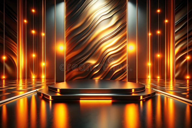 Dark Stage with Golden Textured Wall, Illuminated Podium Stock ...