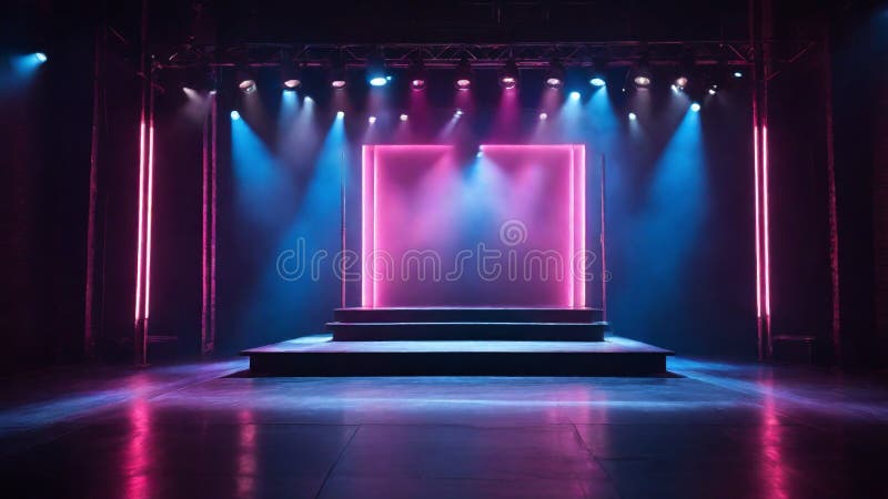 Dark Stage with Neon Lights and Smoke – Empty Studio Room with Asphalt ...