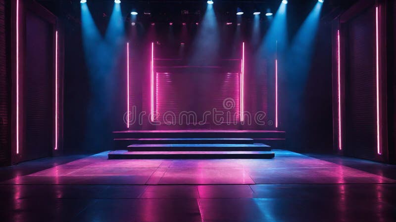 Dark Stage with Neon Lights and Smoke – Empty Studio Room with Asphalt ...