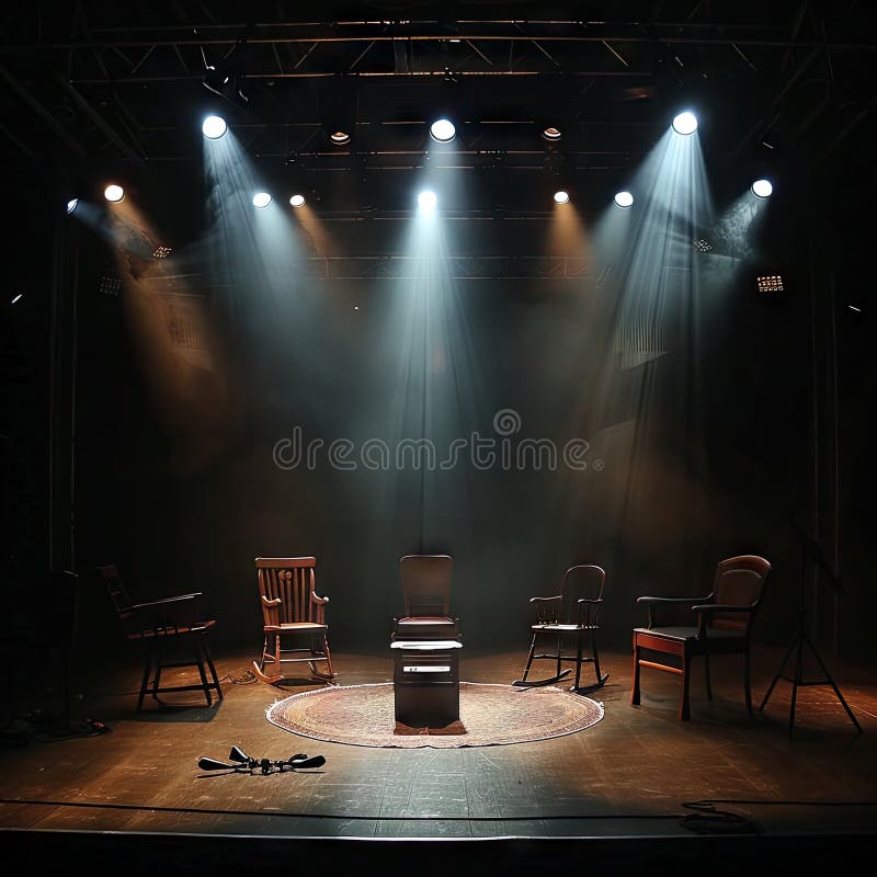Dark Stage with Shining Spotlights and Different Chairs, Theater ...