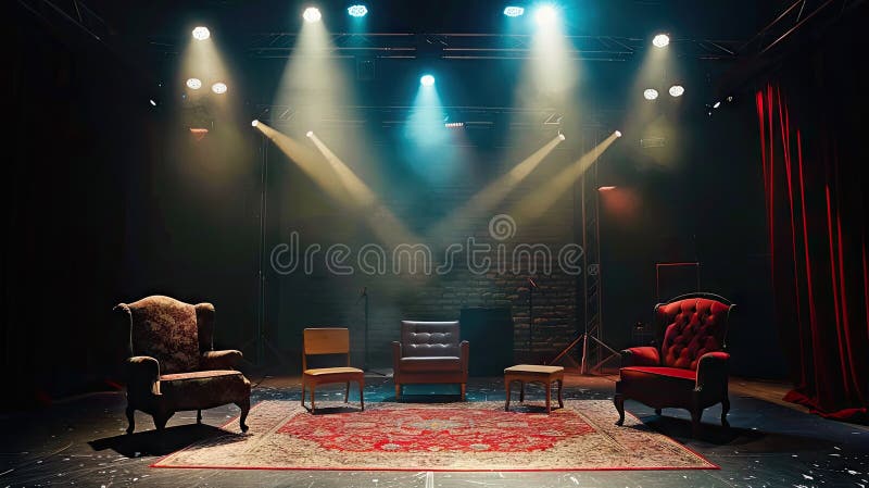 Dark Stage with Shining Spotlights and Different Chairs, Theater ...