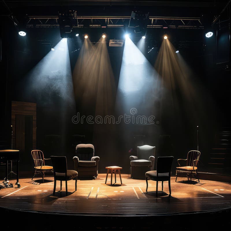 Dark Stage with Shining Spotlights and Different Chairs, Theater ...