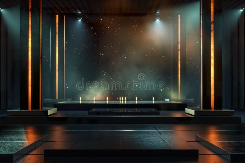 Dark Stage with Spotlights Illuminating Grand Pillars and a Podium ...
