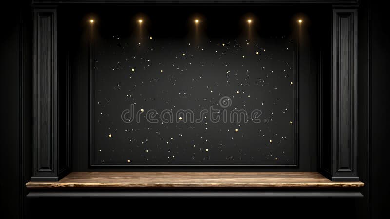Dark Stage with Wooden Floor and Starry Background Lit by Spotlights ...