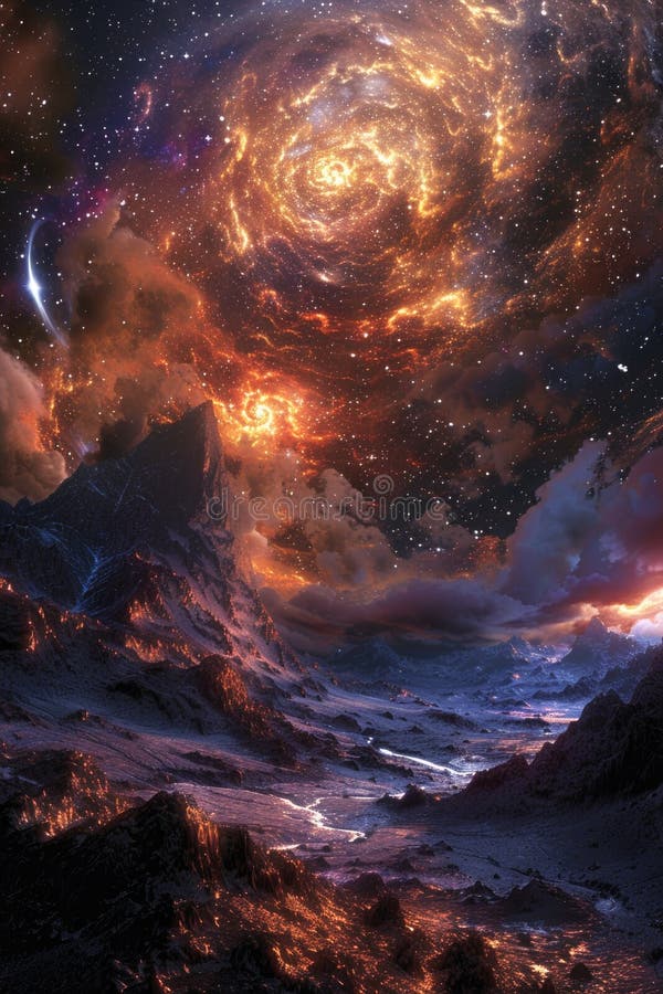 Dark Starry Fantasy Celestial Night Sky with Mountain Stock Image - Image of lactic, planet ...
