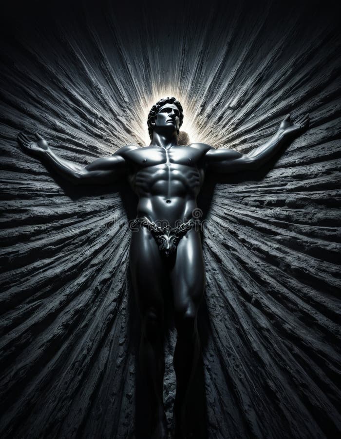 Dark Statue of Man with Outstretched Arms in Dramatic Lighting Stock ...