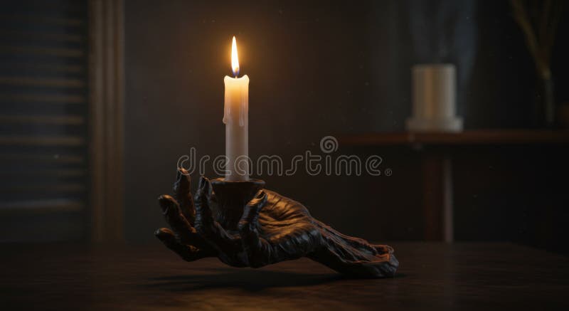 Dark Still Life with Burning Candle in Black Hand Sculpture Stock ...