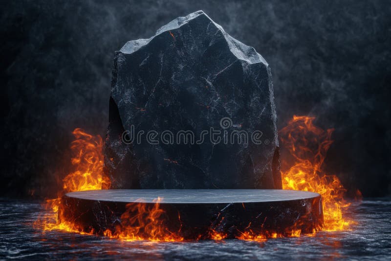 Dark Stone Altar Surrounded by Flames in a Mystical Setting at Night ...