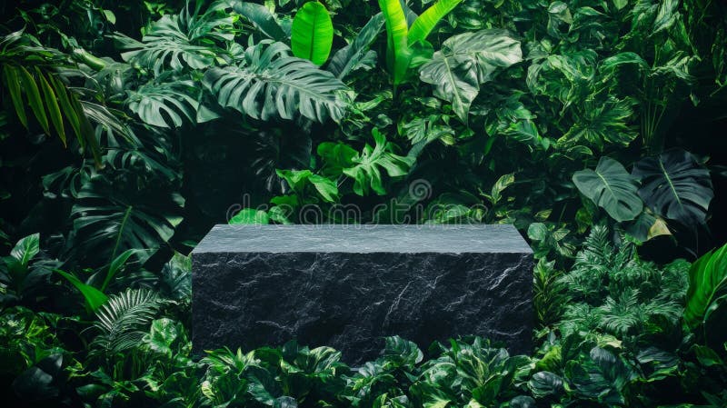 Dark Stone Block Display among Lush Green Tropical Foliage Stock ...