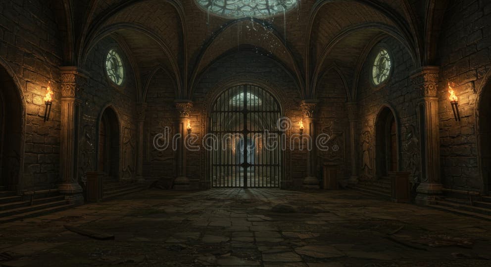 Dark Stone Castle Hallway Interior with Gate Stock Illustration ...