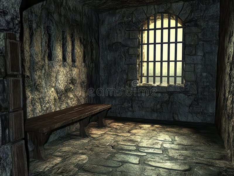 Dark Stone Cell with Wooden Bench and Barred Window Stock Illustration ...