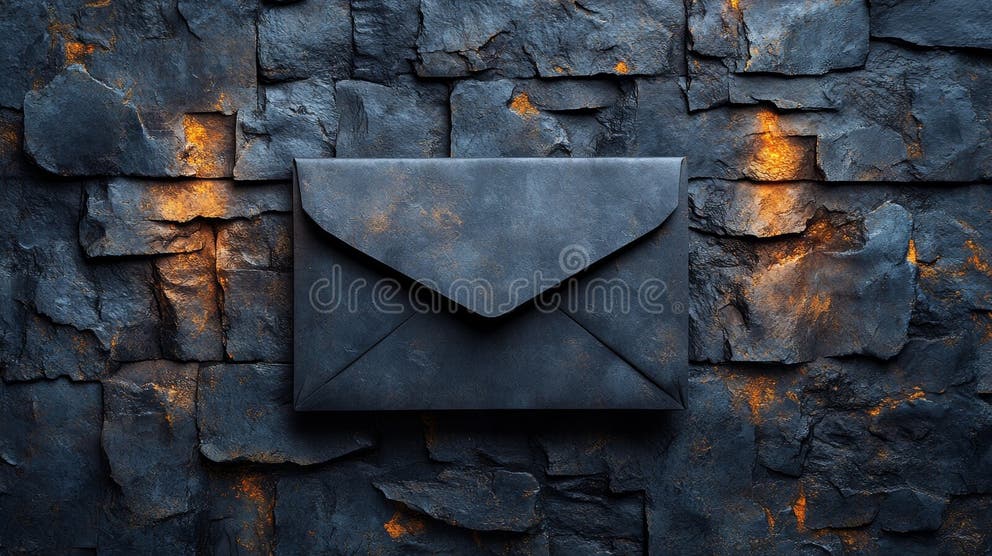 Dark Stone Envelope with Glowing Orange Light on Textured Rock Surface ...